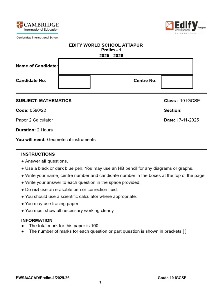 IGCSE Math Prelim Paper 2025-26 | PDF