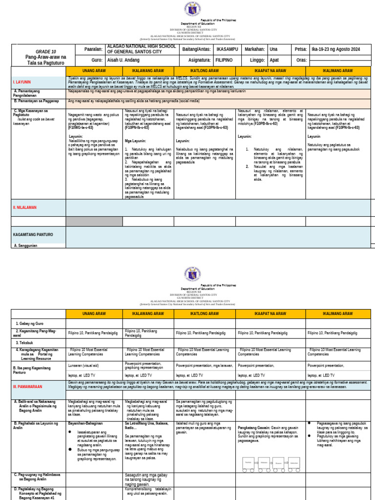 DLL Filipino 10 - August 19-23 | PDF