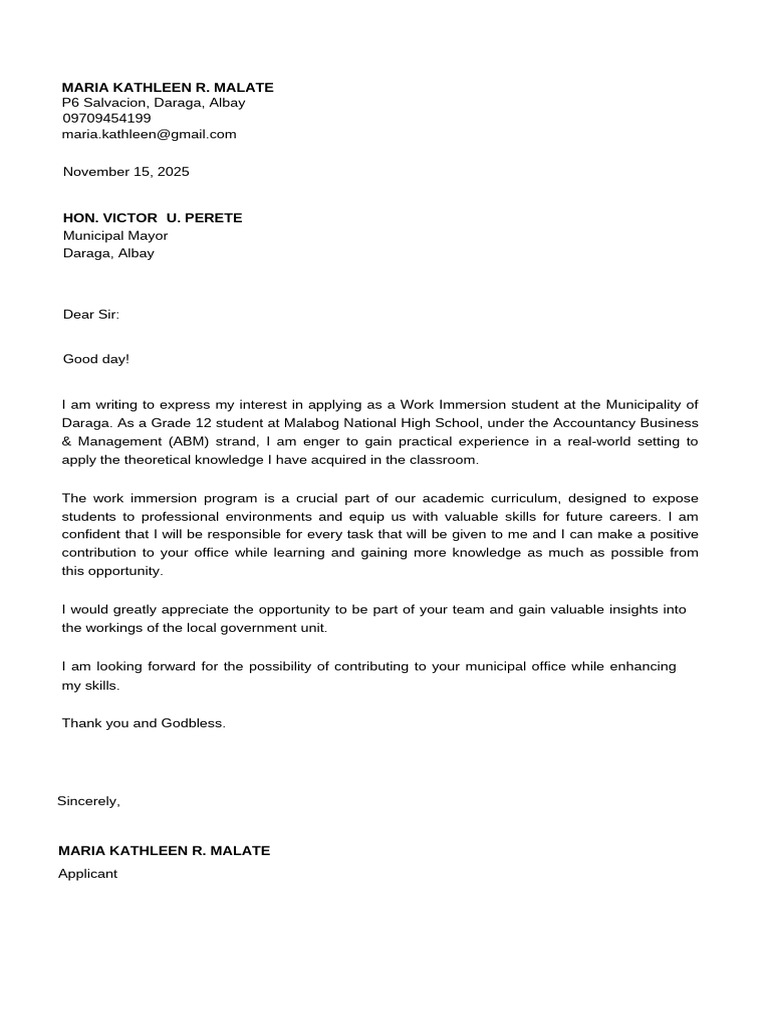 Work Immersion Application Letter | PDF