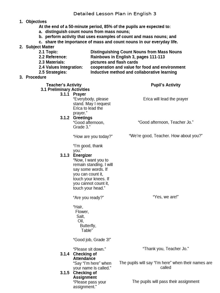 Count vs. Mass Nouns Lesson Plan | PDF | Lesson Plan