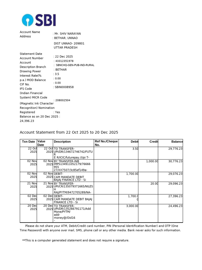 Shiv Narayan Statement Sbi | PDF | Debit Card | Personal Identification ...