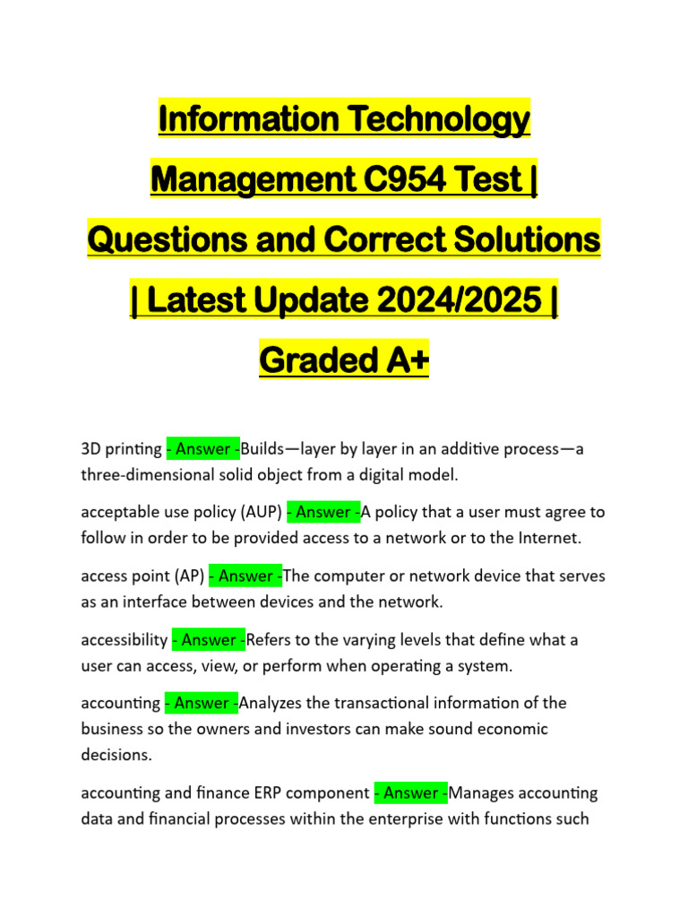 Information Technology Management C954 Test | PDF | Business Process ...