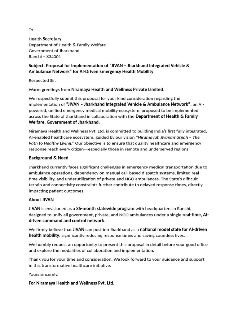 Proposal Letter To Health Secretary-Ranchi | PDF