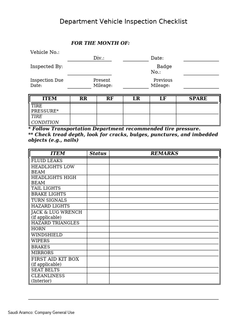 Saudi Aramco Vehicle Inspection Checklist | PDF