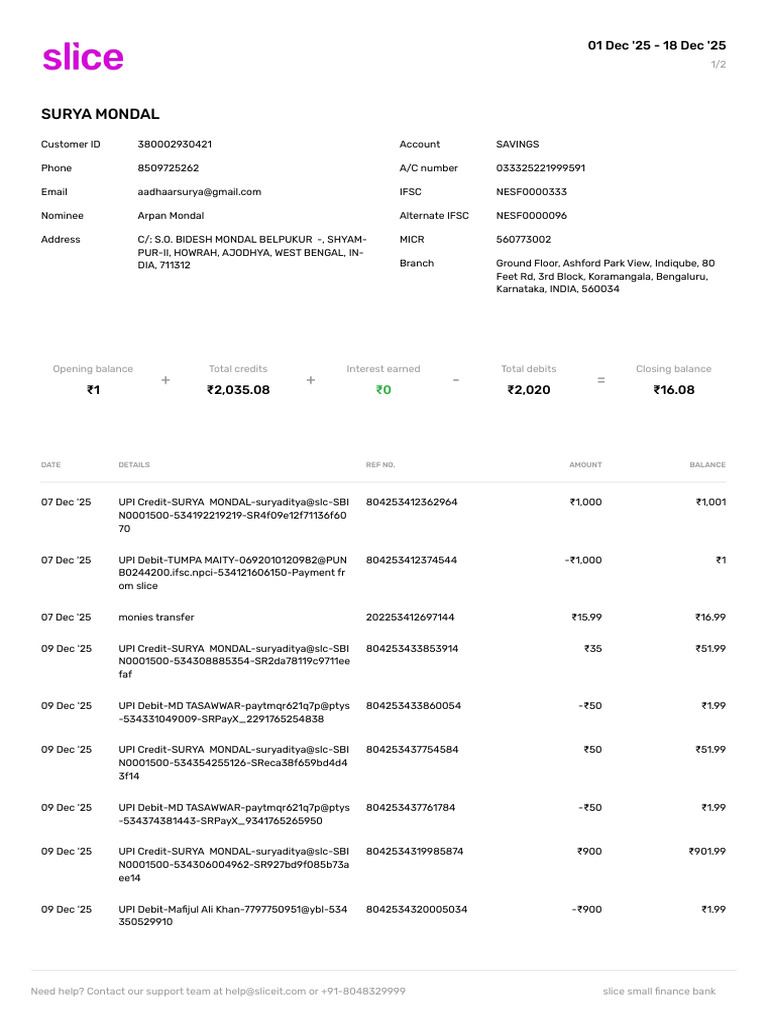 Surya Mondal Account Statement Dec 2025 | PDF | Financial Services