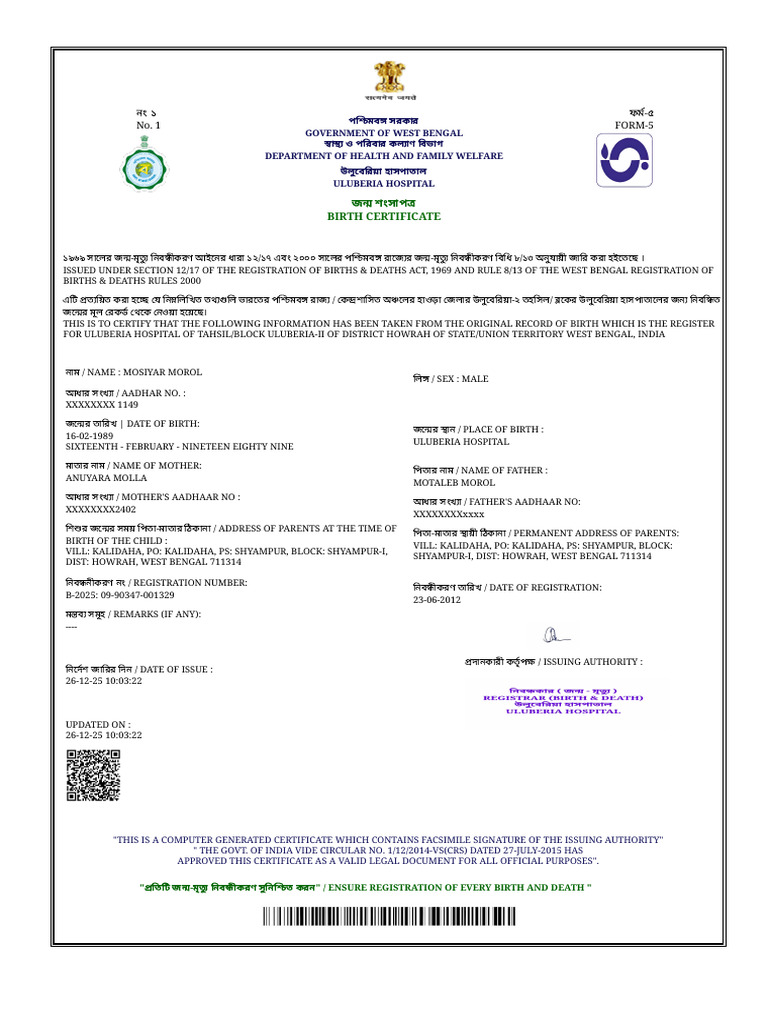 Mosiyar Morol Birth Certificate Crs Orgi India | PDF