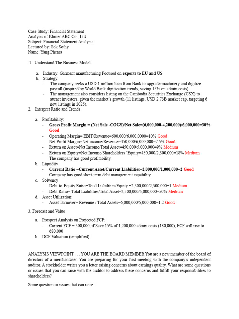 Case Study Financial Statement Analysis | PDF | Valuation (Finance ...