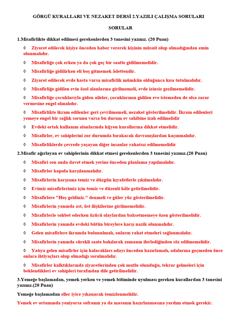 Görgü Kurallari Ve Nezaket 1. Dönem 2. Sinav Çalışma Soruları | PDF