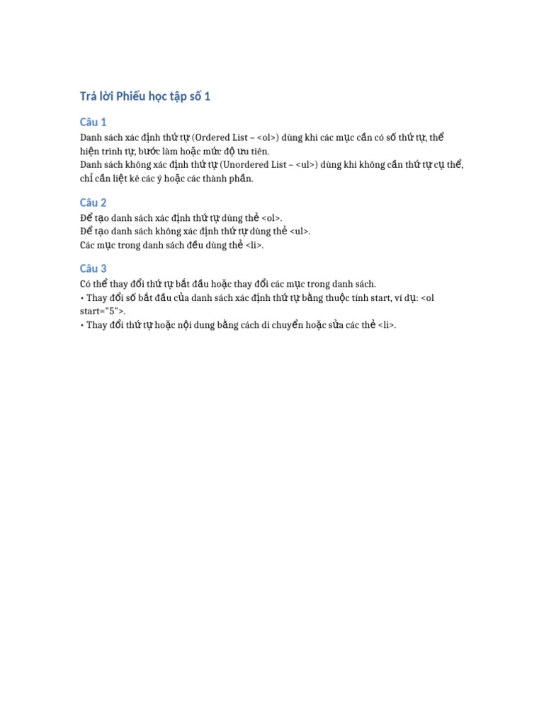 Phieu Hoc Tap So 1 Tra Loi | PDF