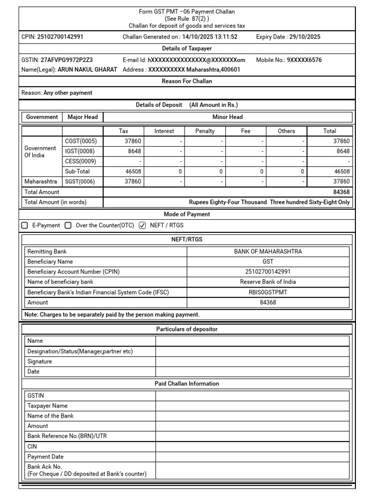 GST PMT-06 Payment Challan Details | PDF | Cheque | Banking Technology