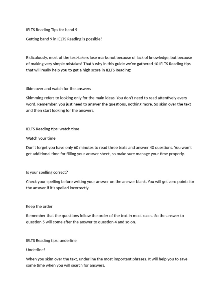 Top 10 IELTS Reading Tips for Band 9 | PDF | Multiple Choice | Speed ...