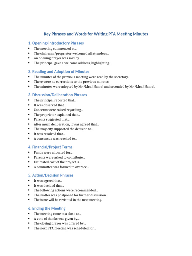 PTA Meeting Minutes Key Phrases Guide | PDF