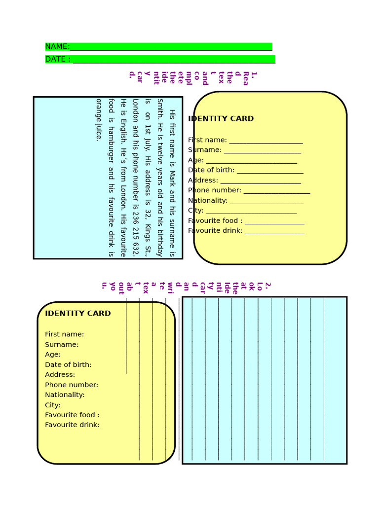 Identity Card Fun Activities Games Reading Comprehension Exercis 20983 ...