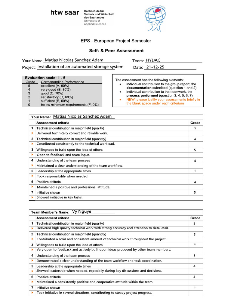 Self and Peer Assessment EPS | PDF