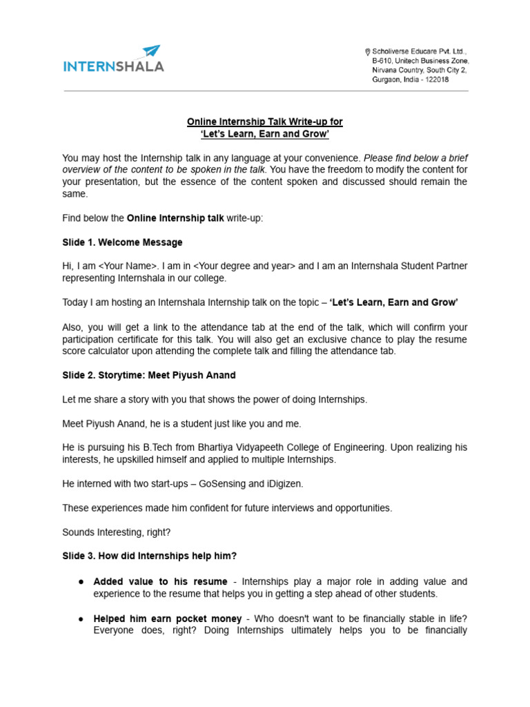 Online Internship Talk Overview | PDF | Internship | Job Hunting
