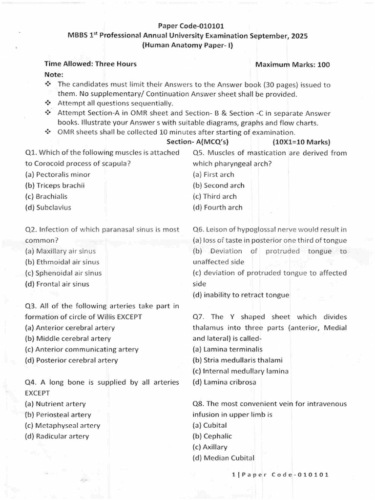 Human Anatomy Paper - 1 | PDF