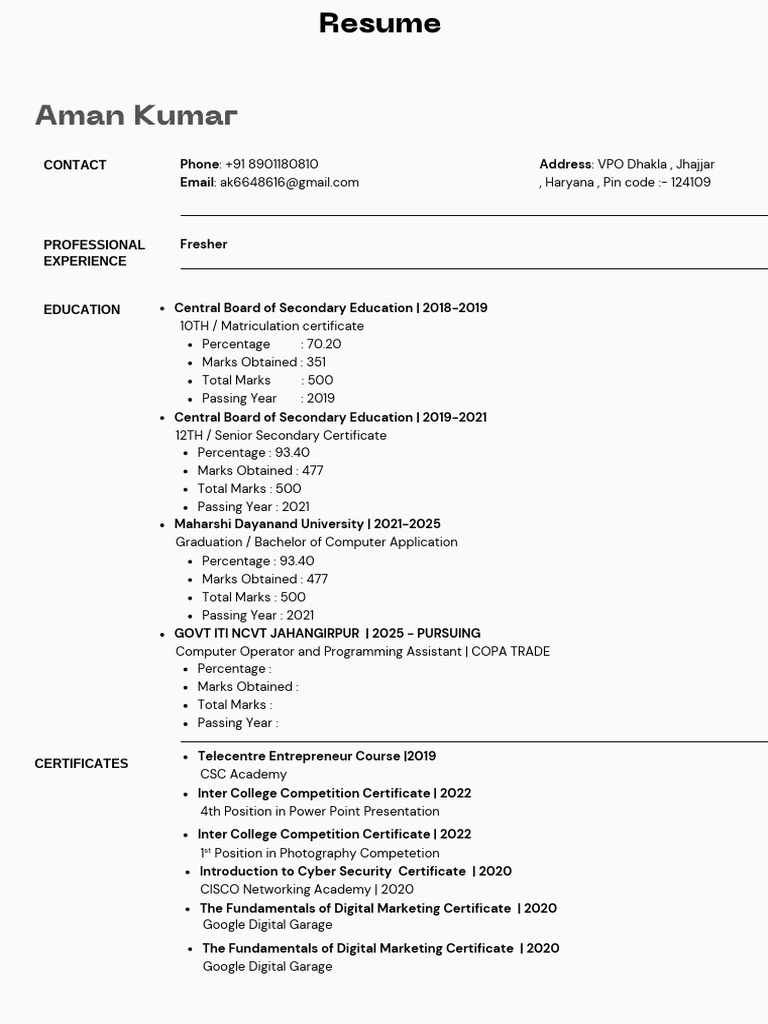 Aman Kumar's Resume and Qualifications | PDF