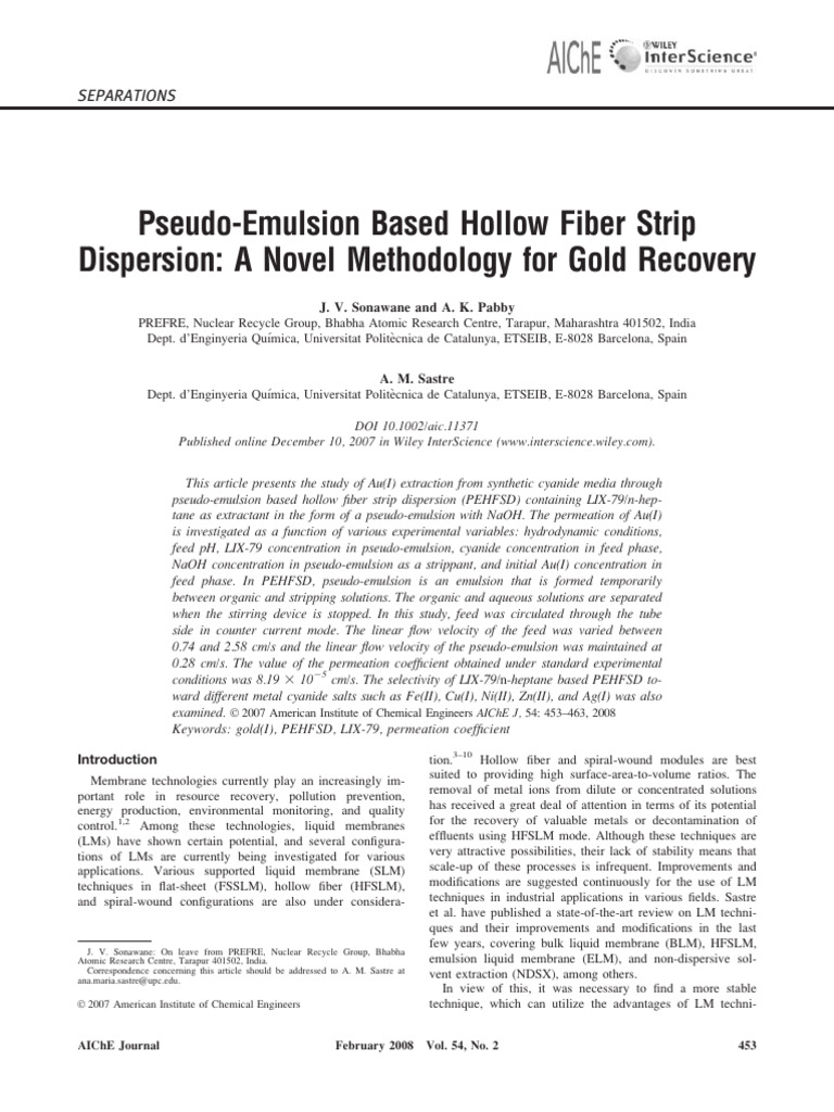 AIChE Journal - 2007 - Sonawane - Pseudo‐emulsion based hollow fiber ...