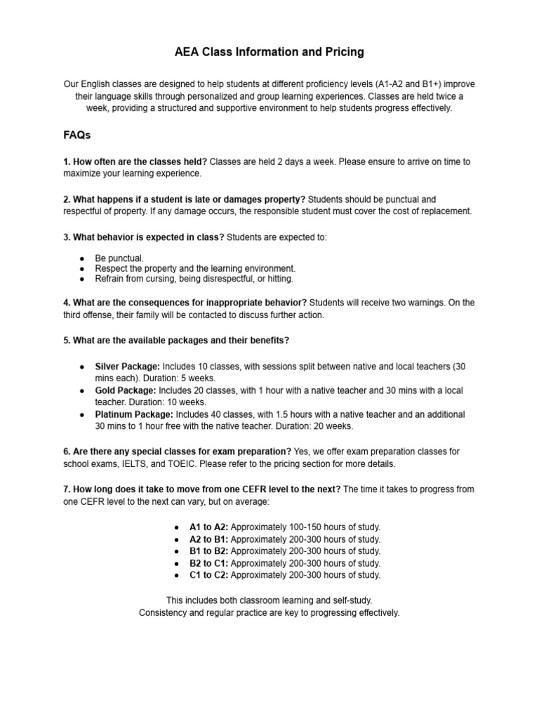 AEA English Class Details & Pricing | PDF | Learning