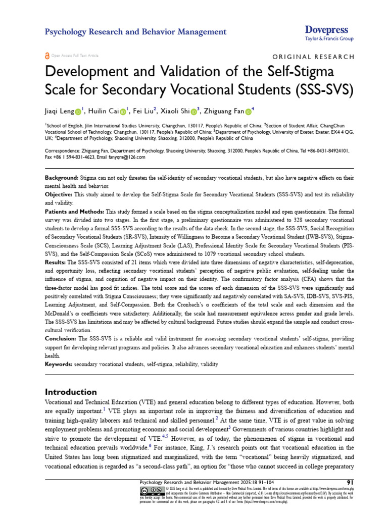 Self-Stigma Scale for Vocational Students | PDF | Social Stigma ...