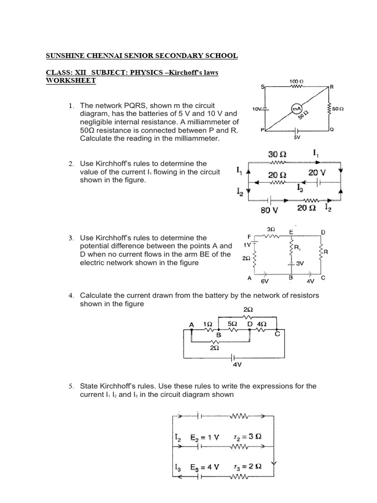 Kirchhoff's Laws Worksheet for Physics XII | PDF