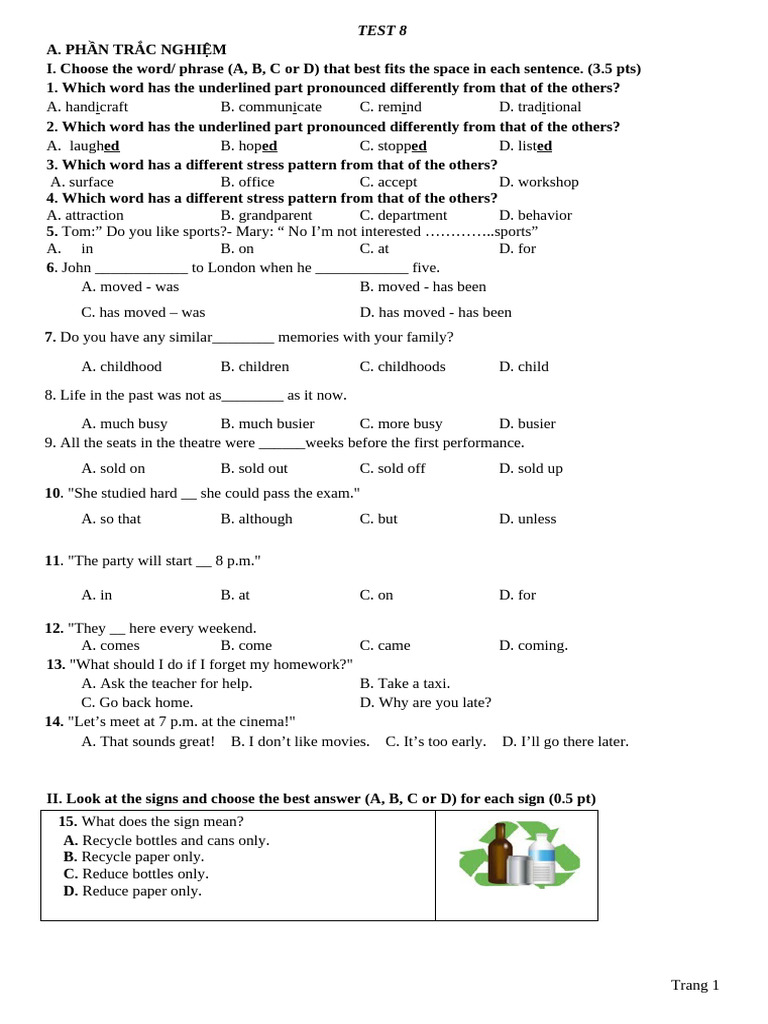 English Language Test: Vocabulary & Grammar | PDF | Ho Chi Minh City