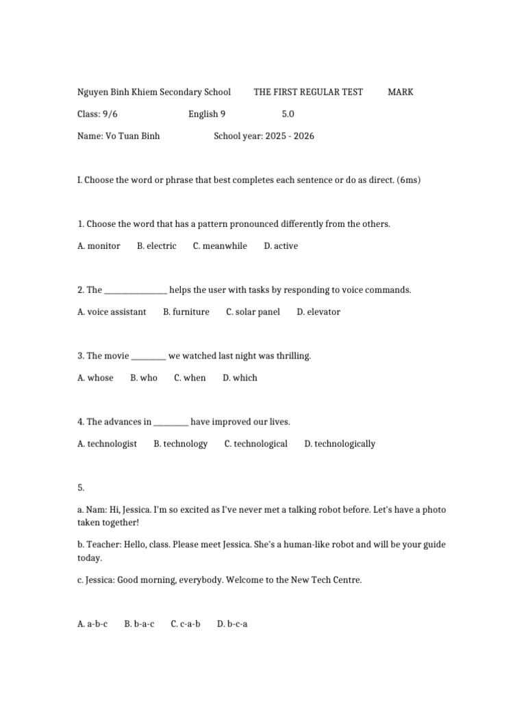 English Test for Grade 9 Students | PDF