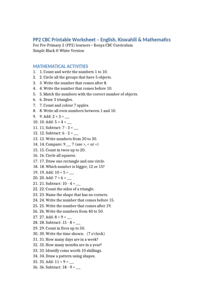 PP2 CBC Math Worksheet for Kids | PDF