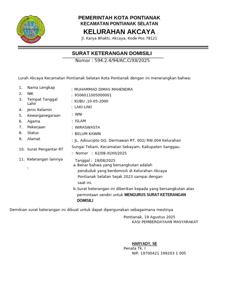 Surat Keterangan Domisili Akcaya 2025 | PDF