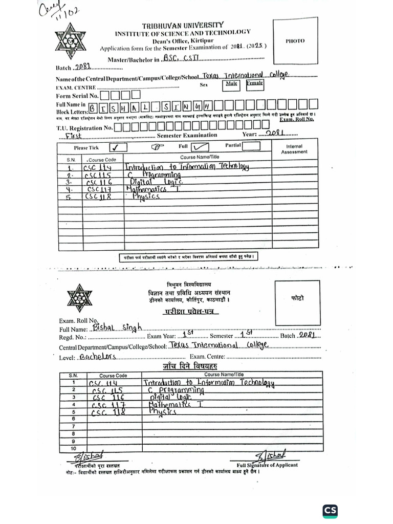 BSC - Csit 1st Sem Sample Form | PDF