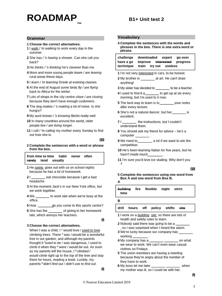 B1+ Unit Test 2: Grammar & Vocabulary | PDF