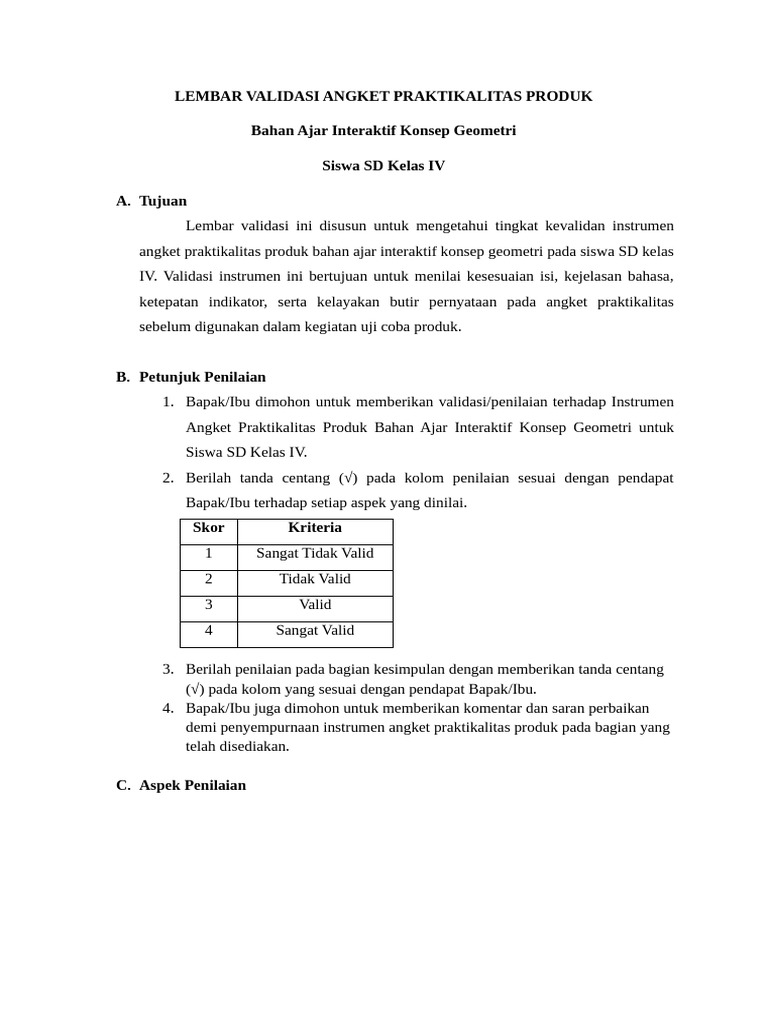 Validasi Angket Praktikalitas Bahan Ajar | PDF