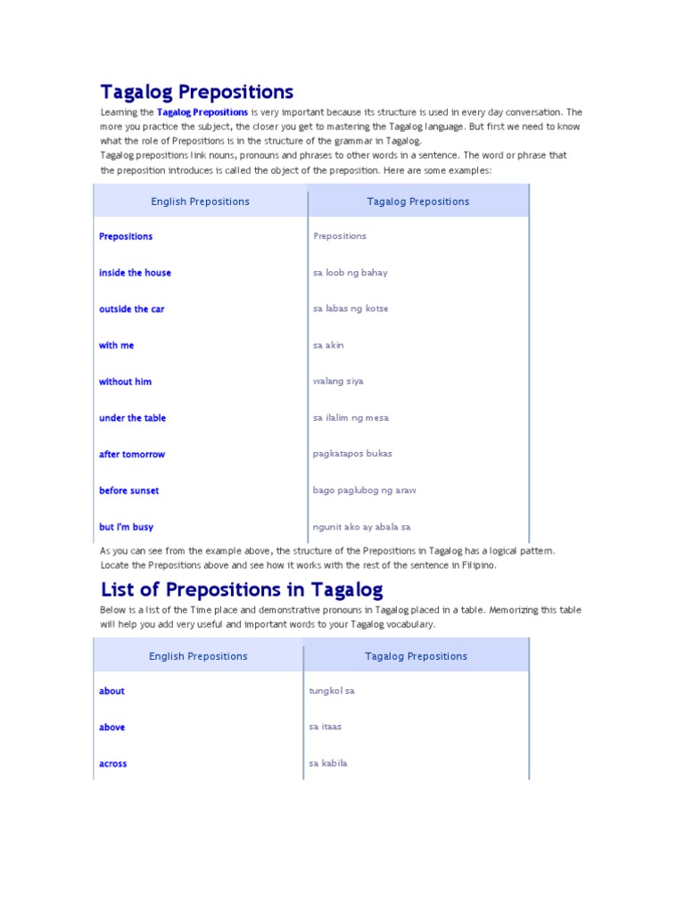 Understanding Tagalog Prepositions | PDF