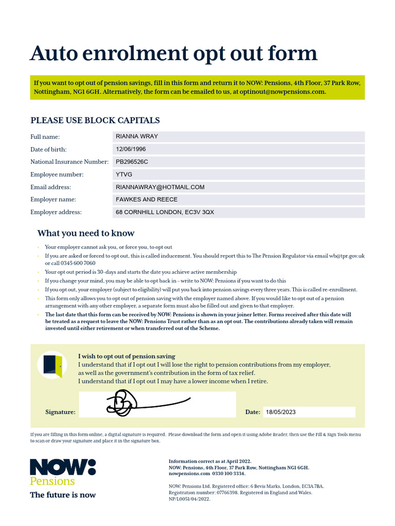 NOW: Pensions Opt-Out Form Guide | PDF | Pension