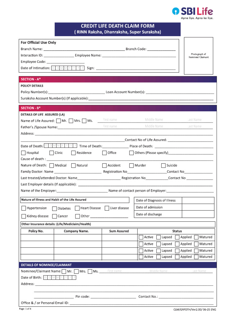 Group Credit Life Death Claim Form | PDF