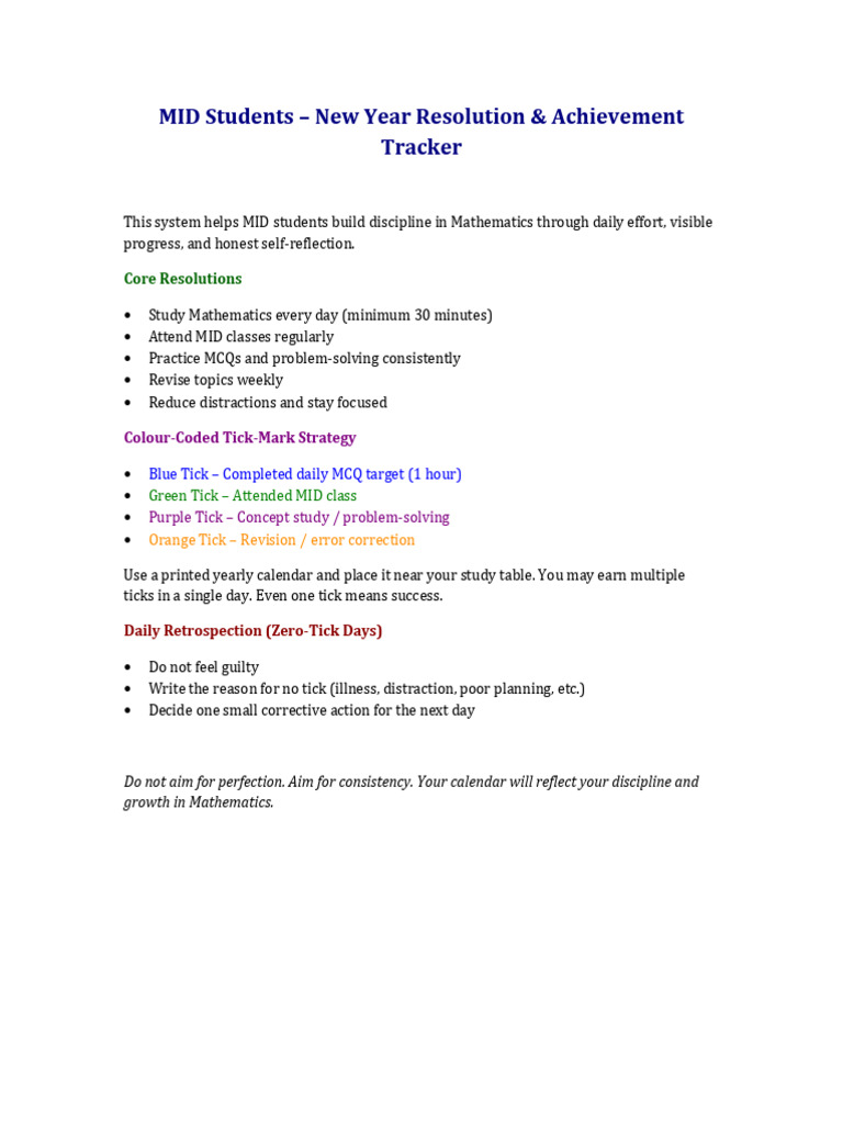 MID New Year Resolution Tick Mark System | PDF