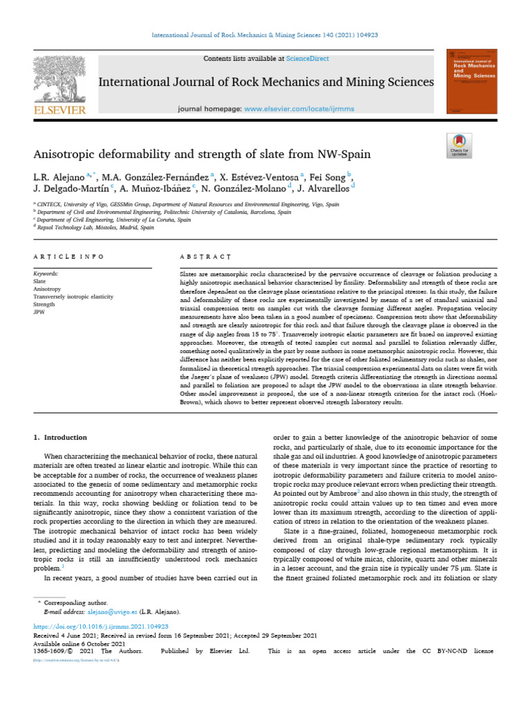 2021. Anisotropic Deformability and Strength of Slate From NW-Spain ...