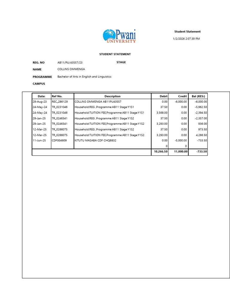 Student Financial Statement AB11/PU/43557 | PDF