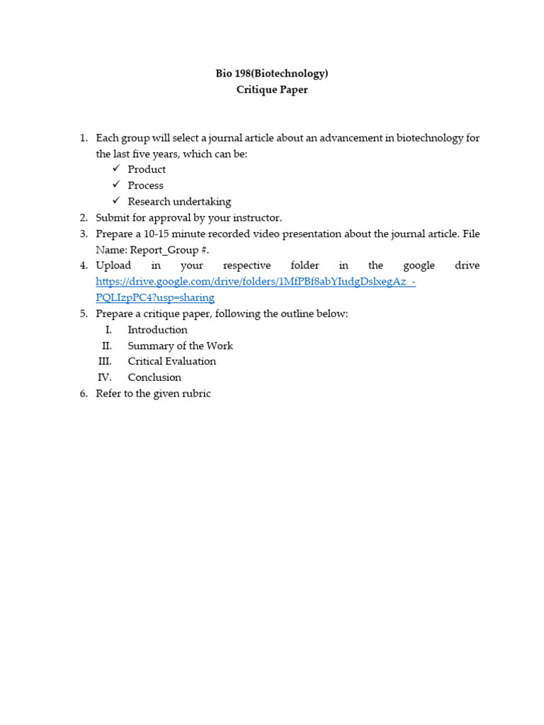Biotechnology Critique Paper Guidelines | PDF