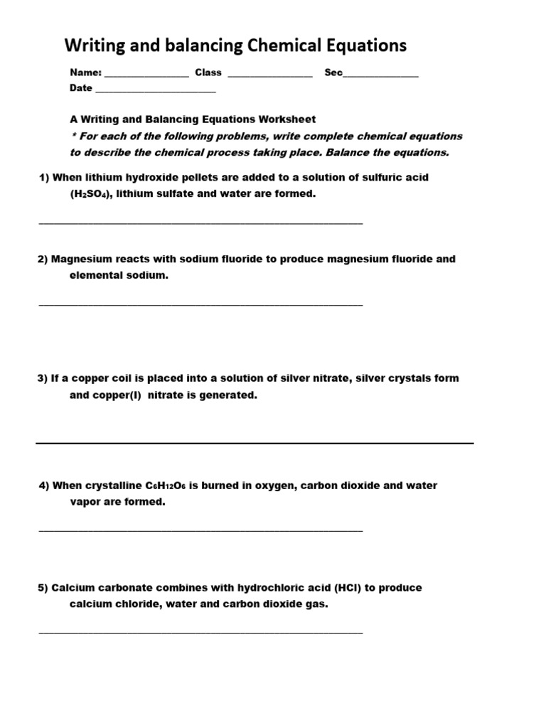 Chemical Equations Writing & Balancing Worksheet | PDF | Magnesium ...