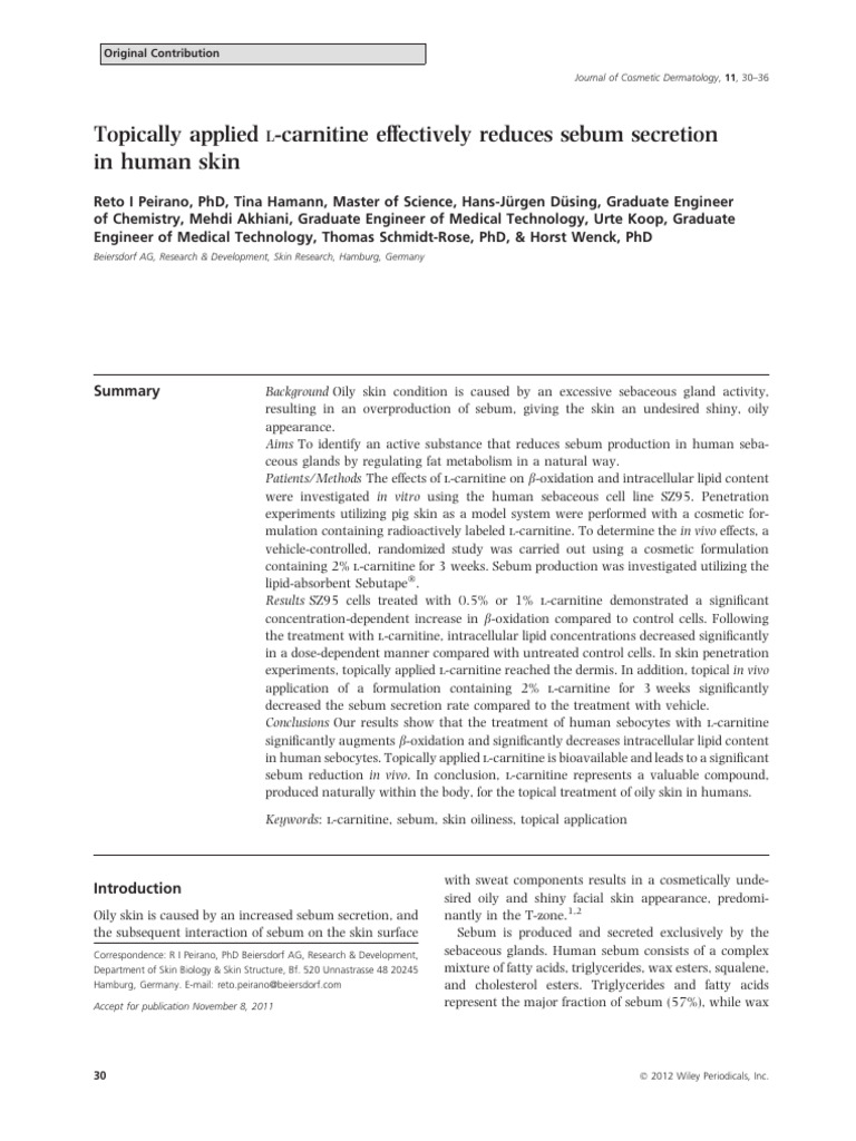 Topically Applied - Carnitine Effectively Reduces Sebum Secretion in ...