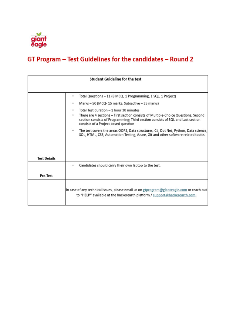 GT Program - Test Guidelines For The Candidates - Round 2 | PDF