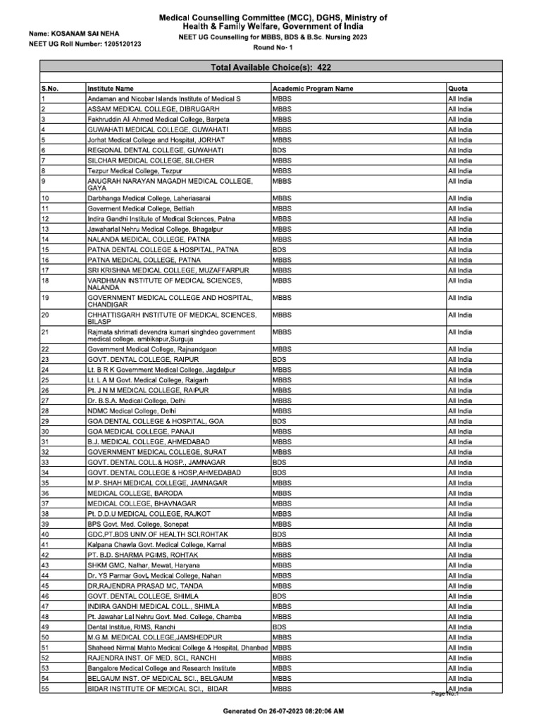 MCC Mbbs Seats | PDF