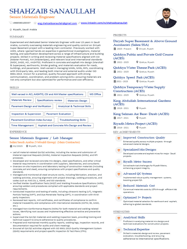 Senior Materials Engineer Profile | PDF | Concrete | Quality Assurance