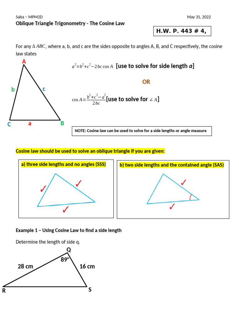 Cosine Law - Blank | PDF