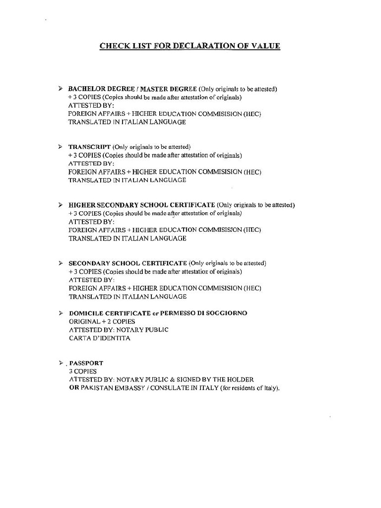 Check List For Declaration of Value | PDF