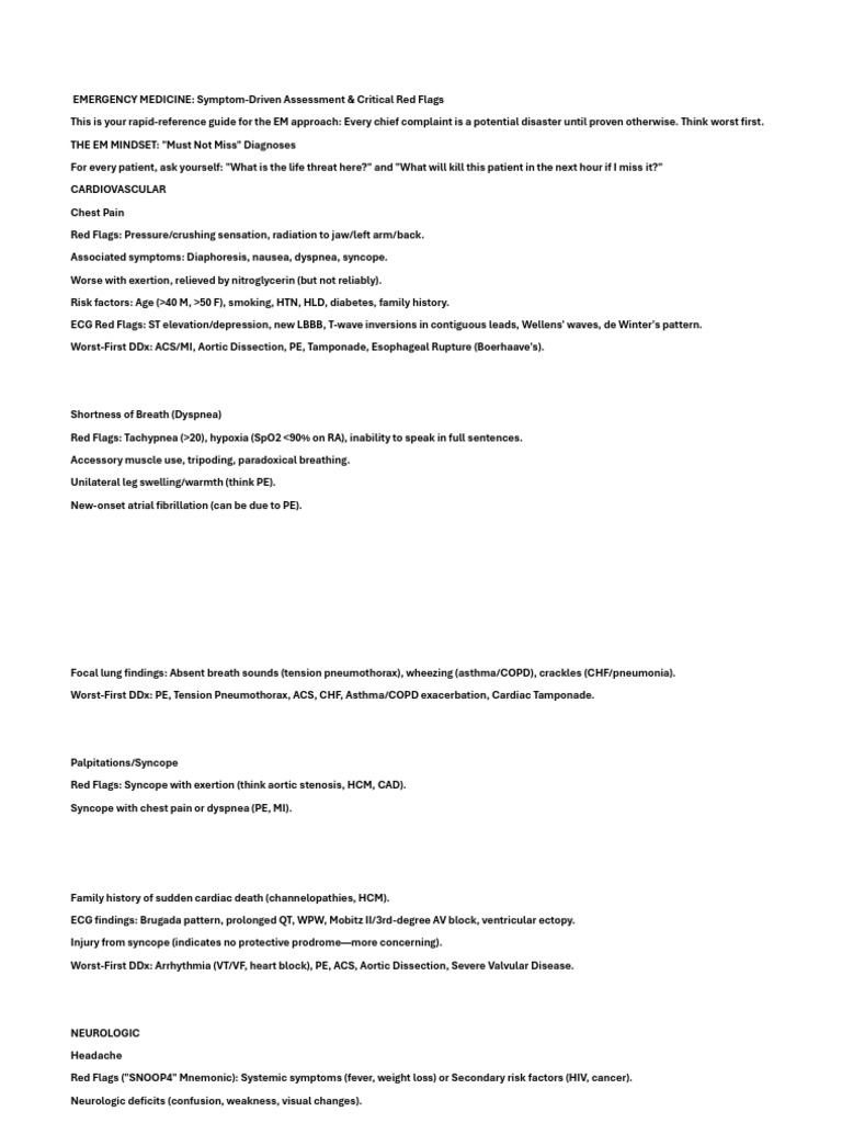 Emergency Medicine Red Flags Guide | PDF | Vertigo | Nausea
