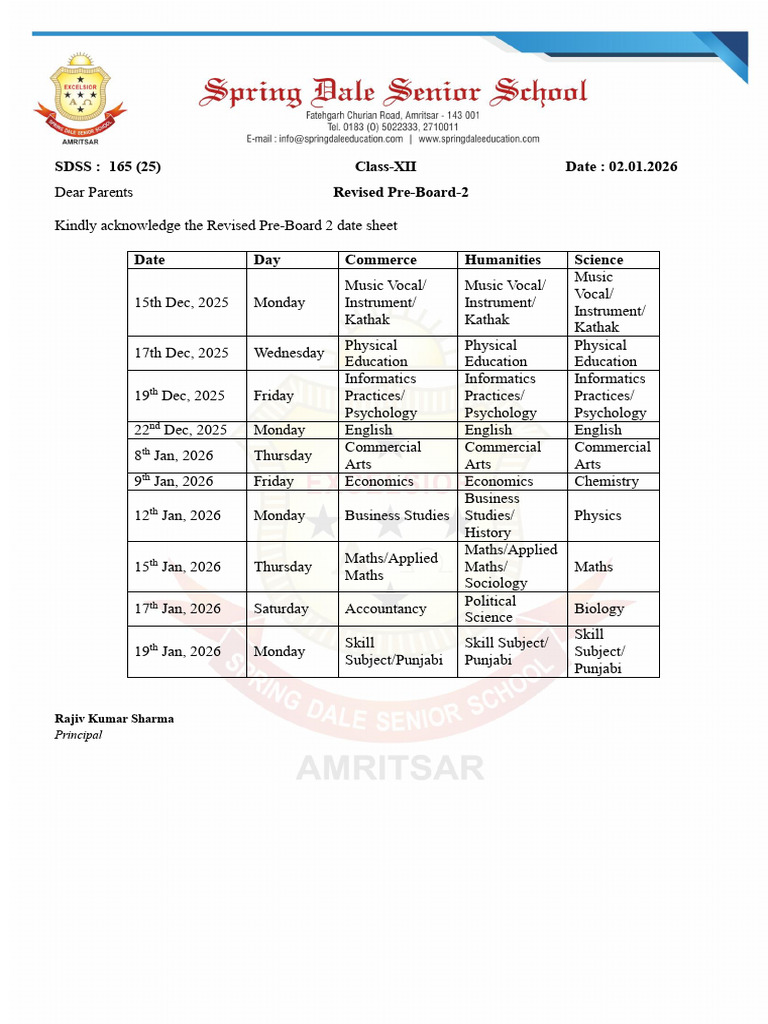 Revised Pre-Board 2 Date Sheet 2026 | PDF | Liberal Arts Education ...