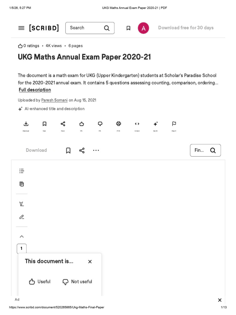UKG Maths Annual Exam Paper 2020-21 - PDF | PDF | Scribd