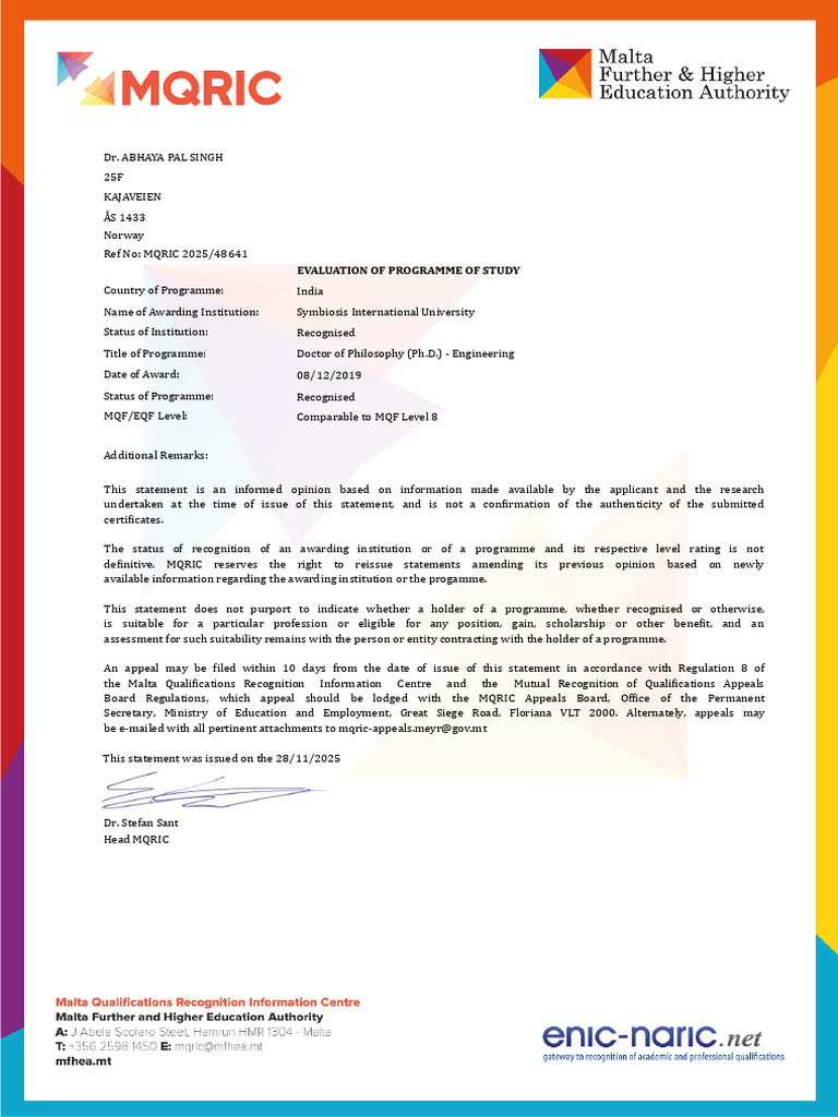 MQRIC FinalQualificationStatement | PDF